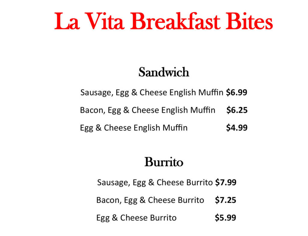 La Vita Menu - Washington Patio